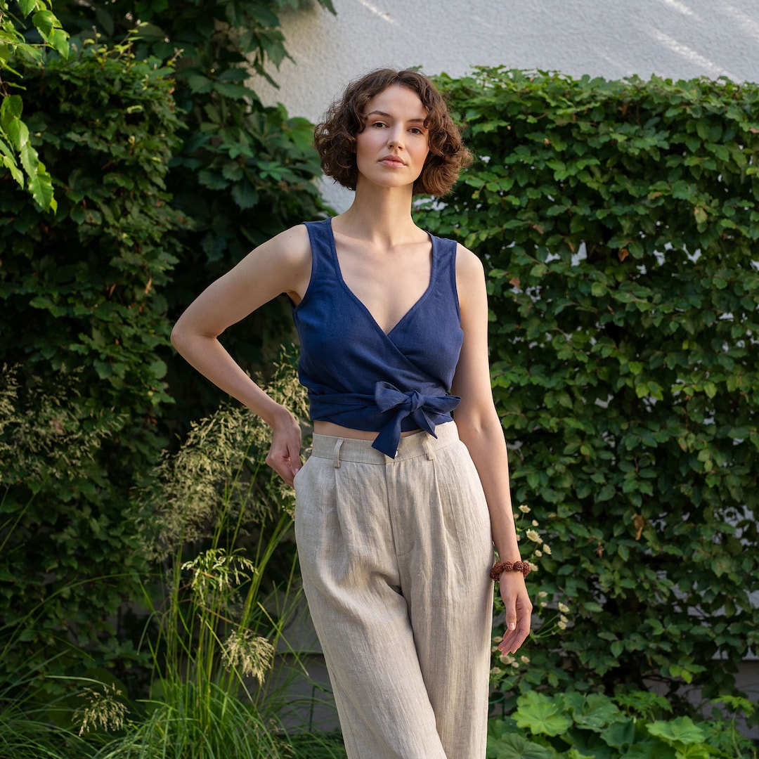 Wrap Crop Top Linen Wrap Crop Blouse Sleeveless Wrap Crop Top Summer ...