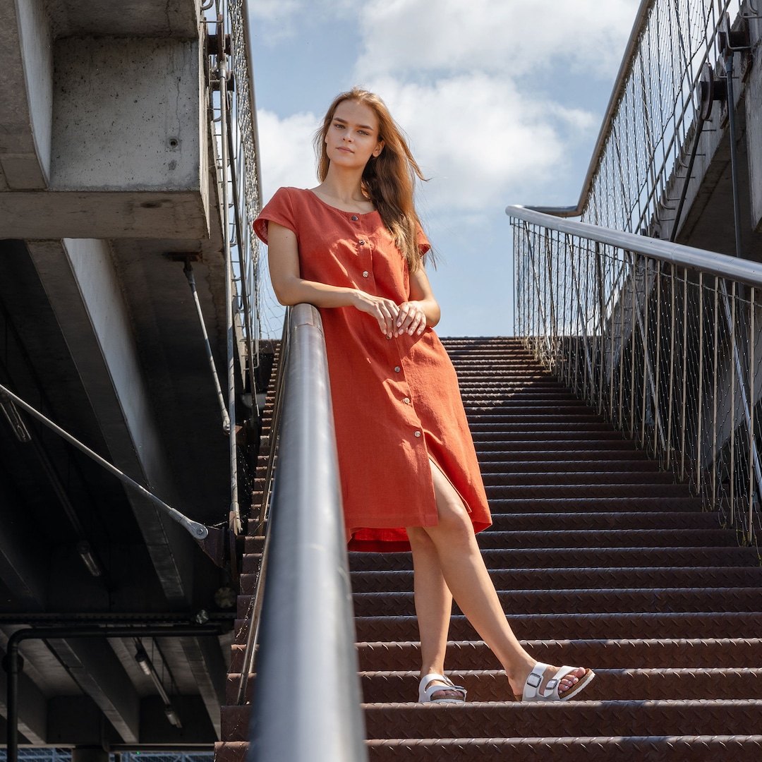 Button Front Linen Dress With Cap Sleeves Summer Button Down Dress ...