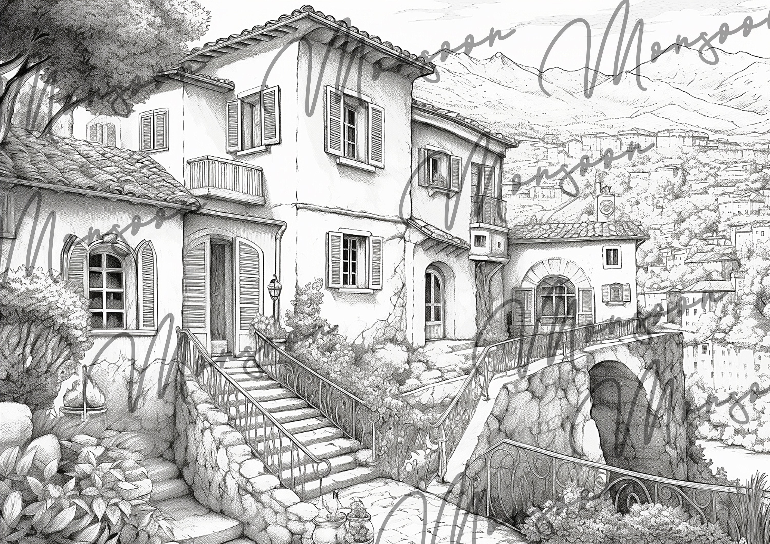 Roman Villas Grayscale Coloring Book for Adults Digital Italian Country ...