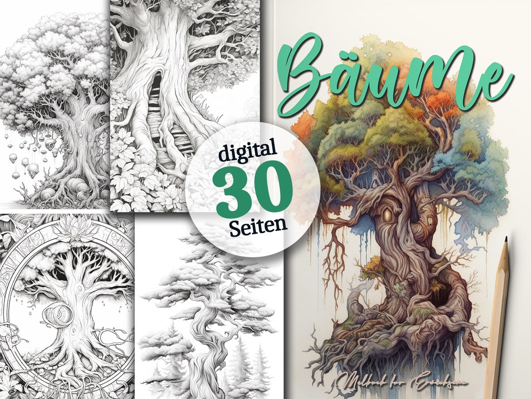 Trees Grayscale Coloring Book Printable Tree Coloring Book Digital ...