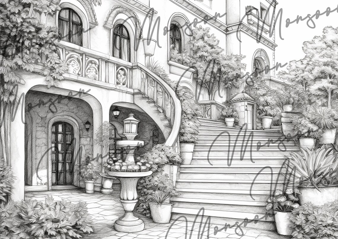 Roman Villas Grayscale Coloring Book for Adults Digital Italian Country ...