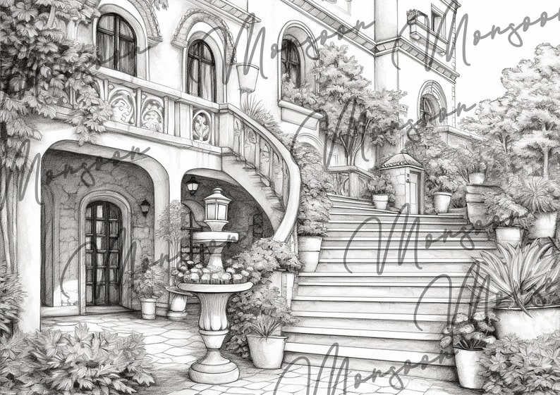Roman Villas Grayscale Coloring Book for Adults Digital Italian Country ...