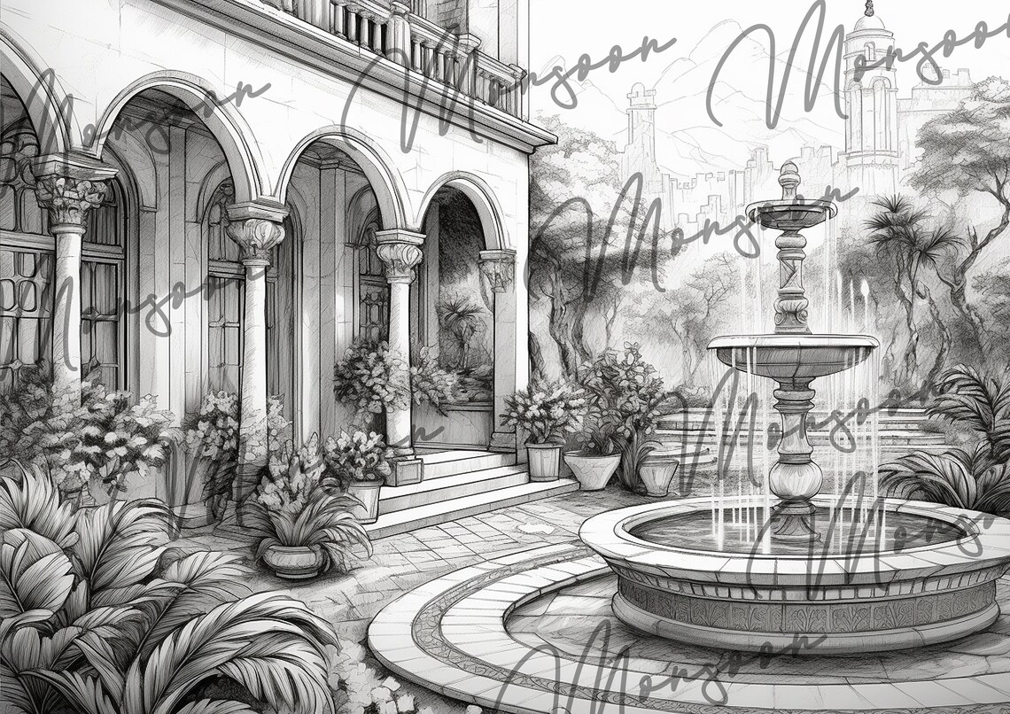 Roman Villas Grayscale Coloring Book for Adults Digital Italian Country ...