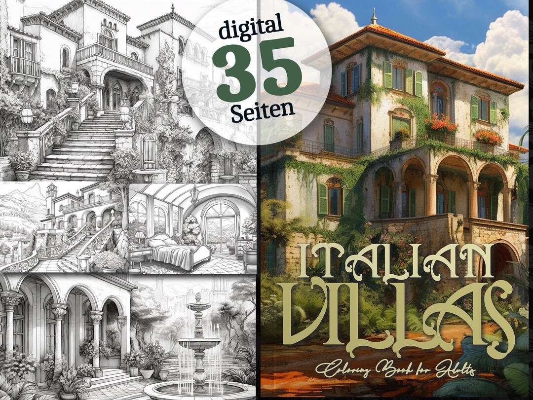 Roman Villas Grayscale Coloring Book for Adults Digital Italian Country ...