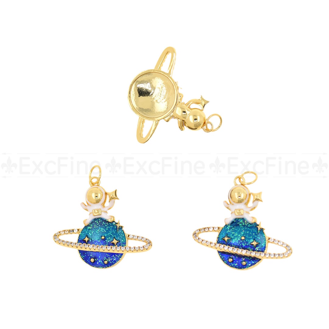 18K Filled Gold Diamond Planet Astronaut Pendant, Enamel Planet ...