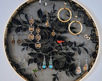 Vintage Jewelry Rack, 12 Fabric Earring Holder, Retro Earring Display ...