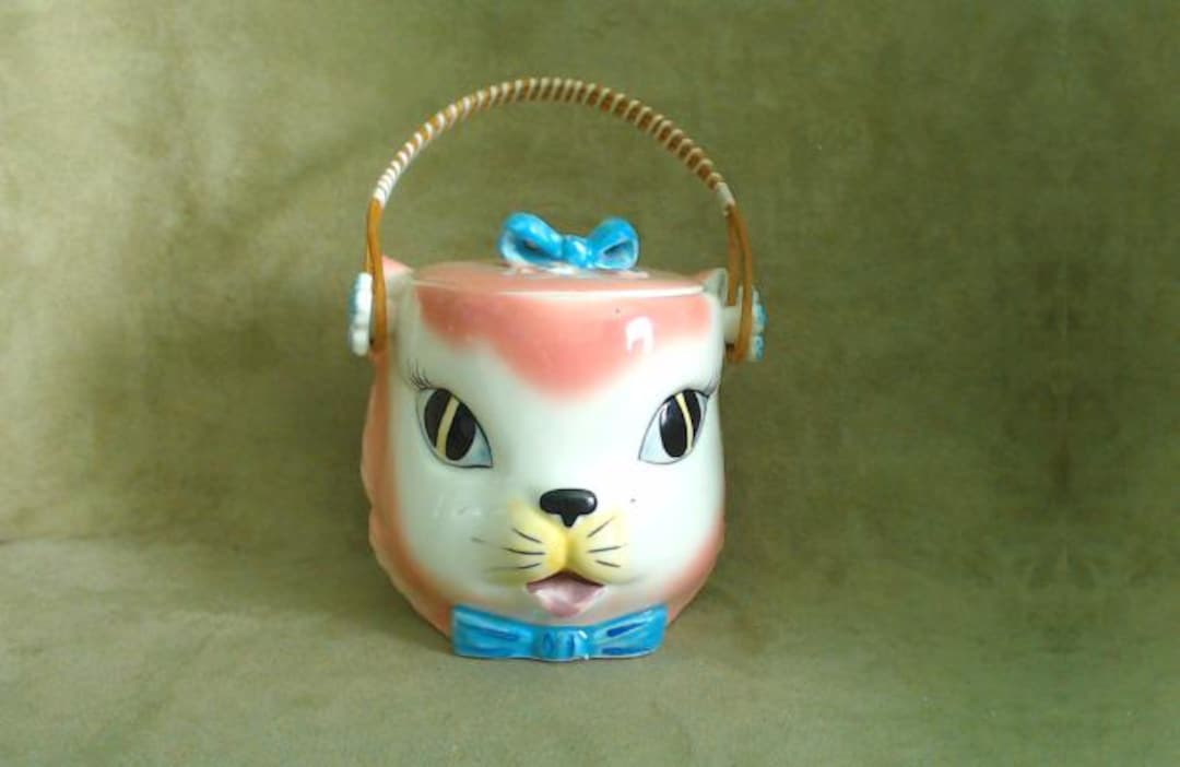 Vintage Pink Cat Biscuit Jar | Kitschy Mid Century Cookie Jar | Cute ...