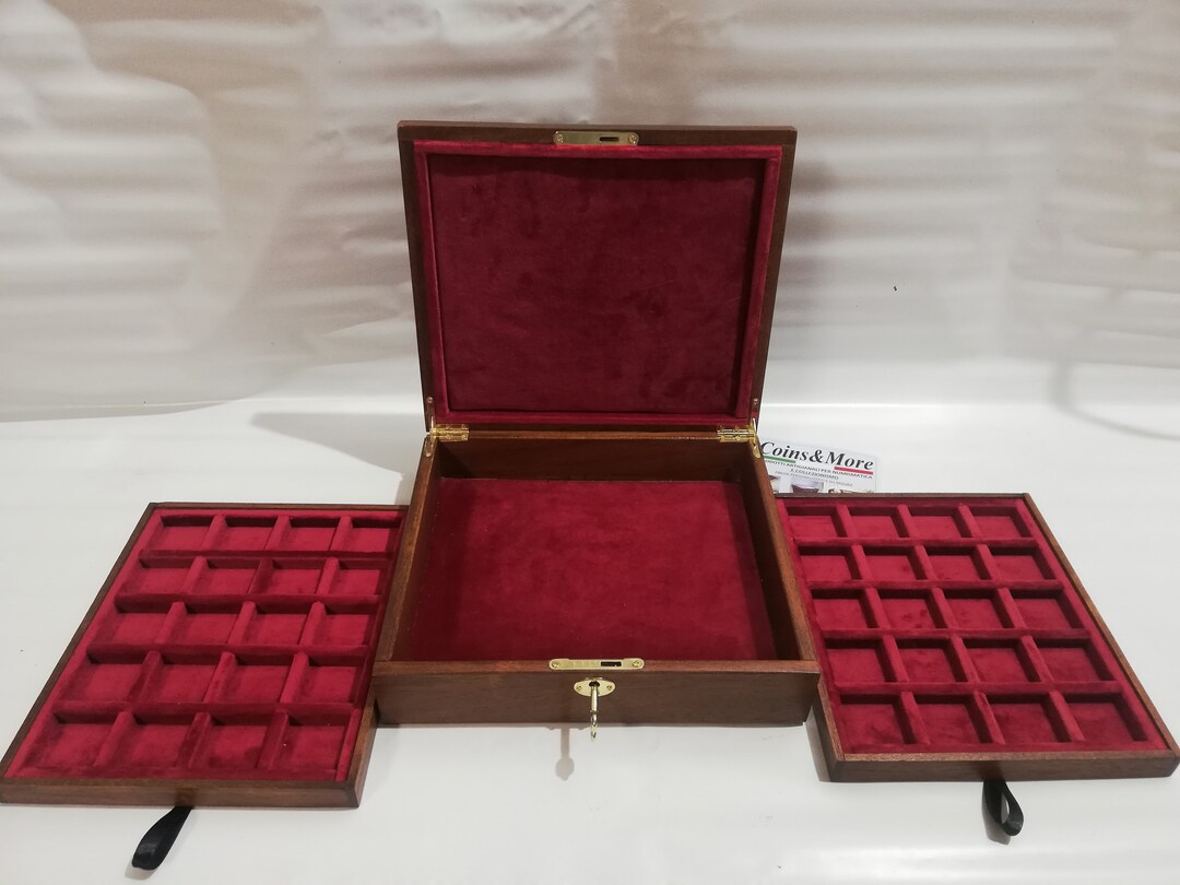 Wooden Box for Coins Medals Jewelry 2 Trays in Italian Velvet and Lock ...