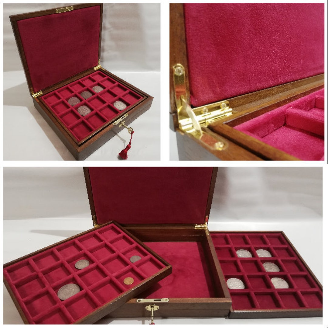 Box in Wood and Cardinal Red Velvet for Coins, Medals, Coin Box Case - Etsy