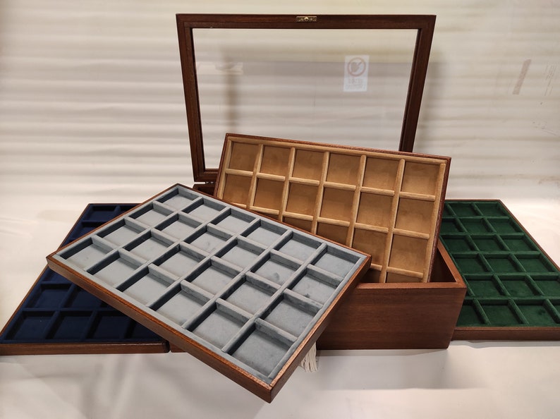 Wooden Coin Box With 5 Numismatic Trays in Italian Velvet. Customizable ...