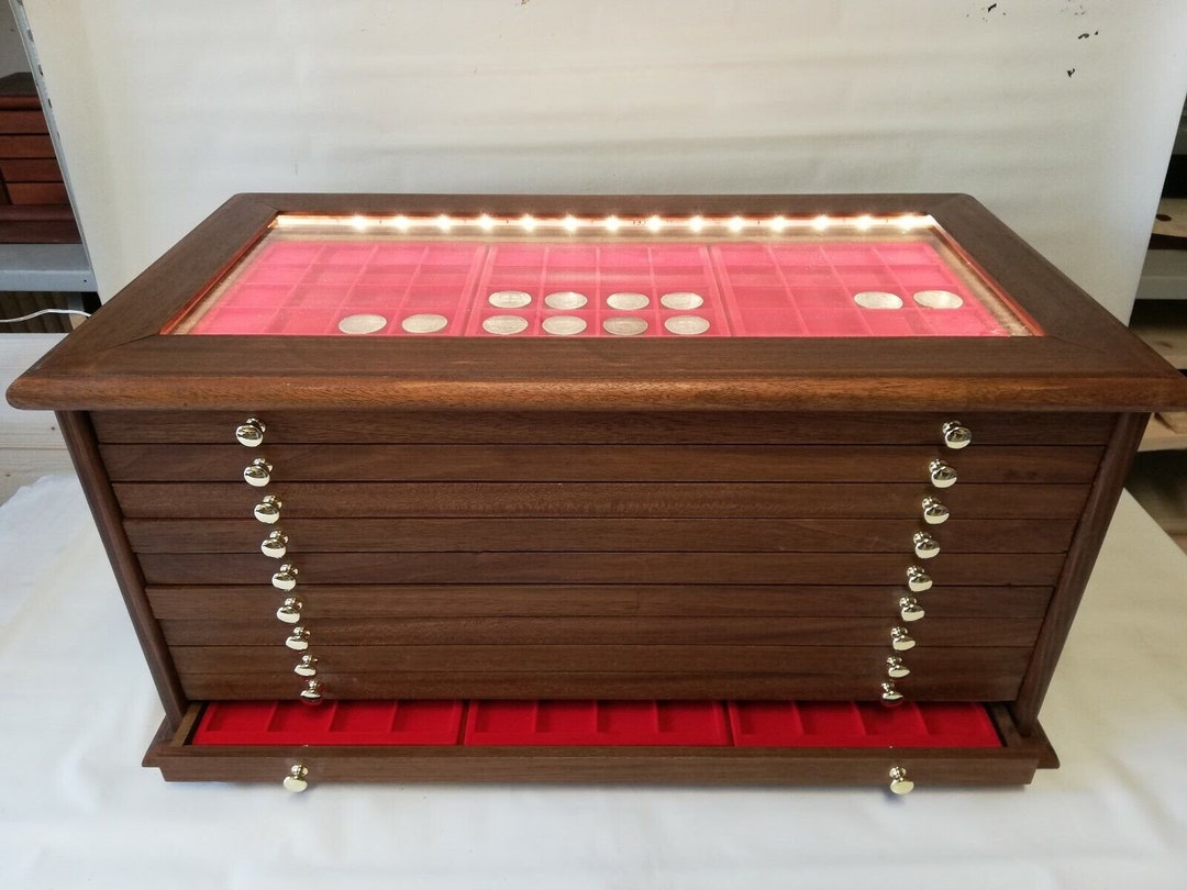 Large Coin Holder With 10 Drawers in Flocked or Velvet - Wooden Cabinet ...
