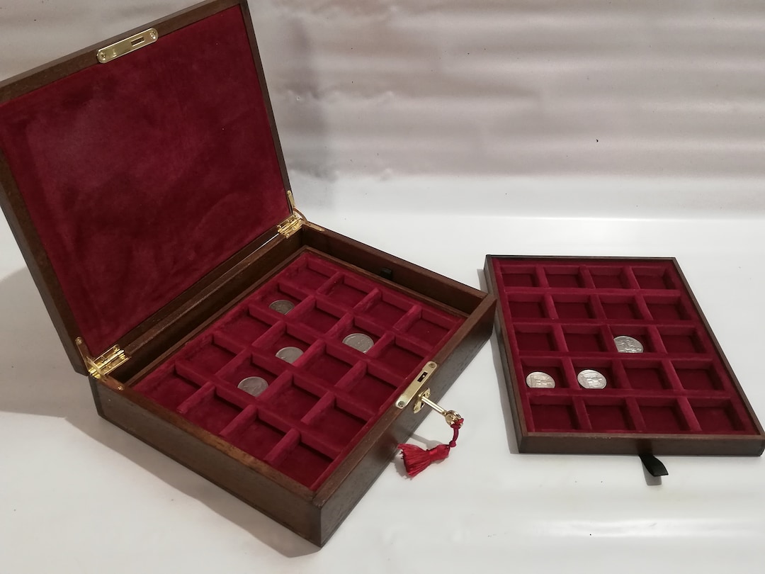 Wooden Box for Coins Medals Kingdom of Italy 2 Trays in Italian Velvet ...
