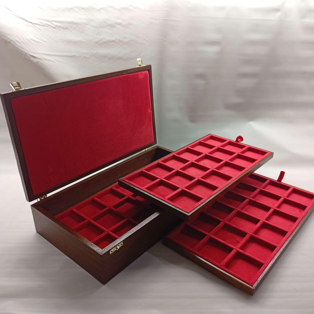 Coin Collector’s Walnut Wood Case With 3 Removable Red Velvet Trays ...