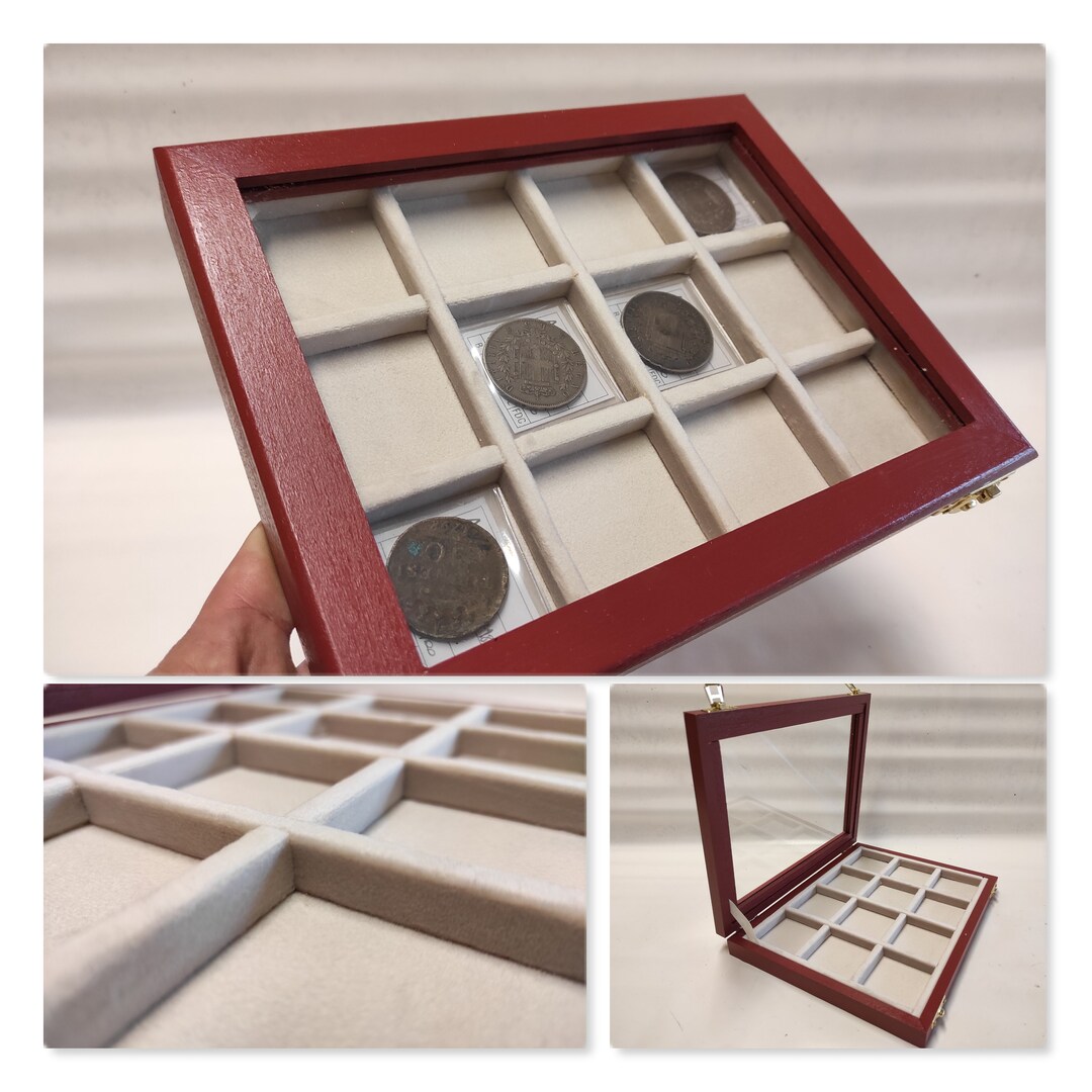 Wooden Case Garnet Red Box for Coins, Medals, Minerals, Fossils, Gems ...