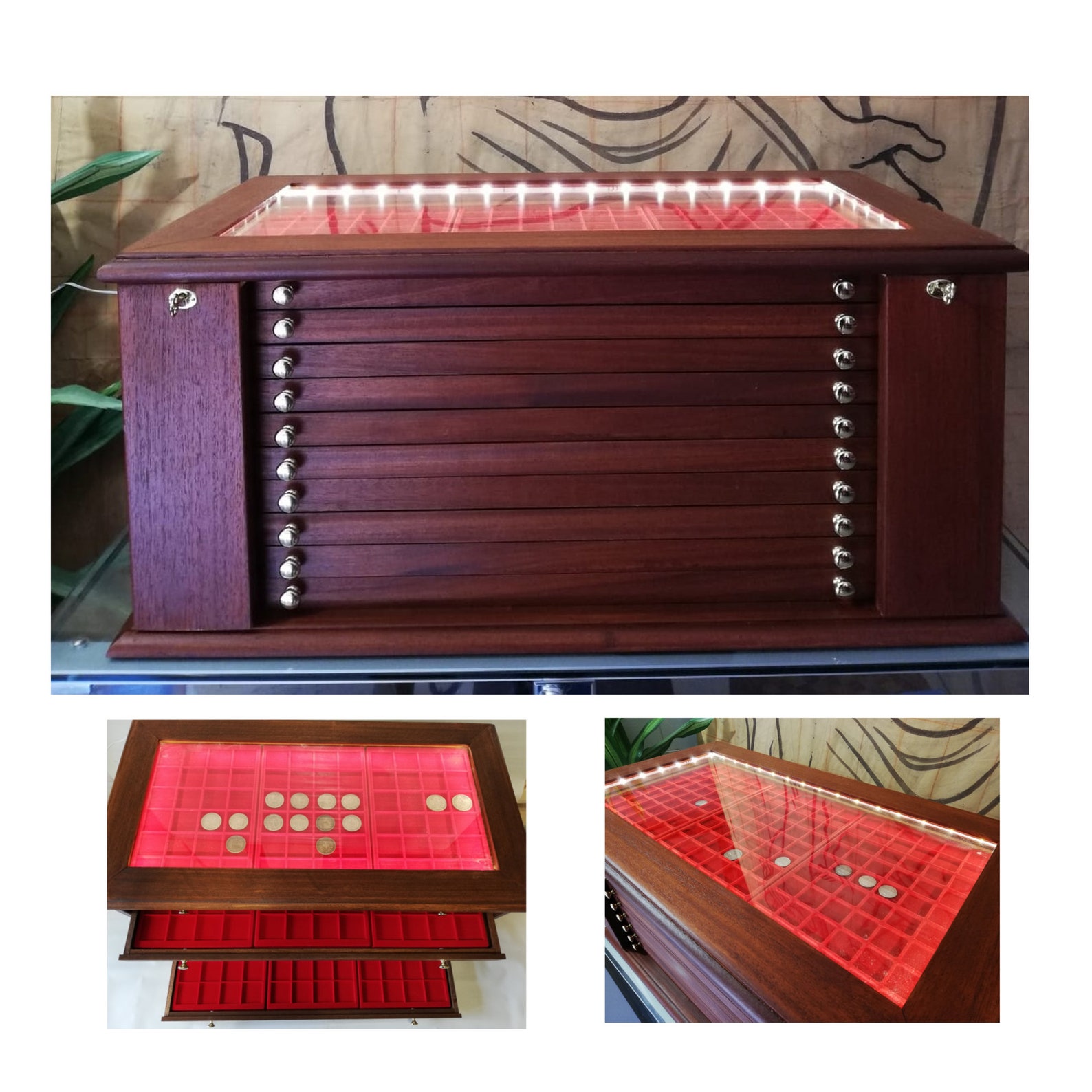 Large Coin Cabinet With 10 Drawers in Flocked Red or Italian - Etsy