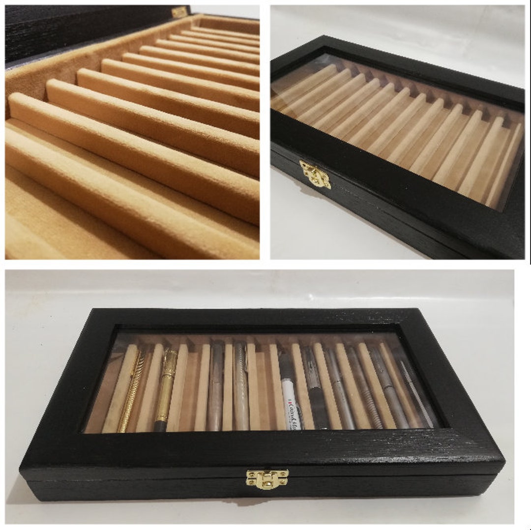 Pen Holder Box, Wood and Velvet Case Display for 13 Fountain Pens ...