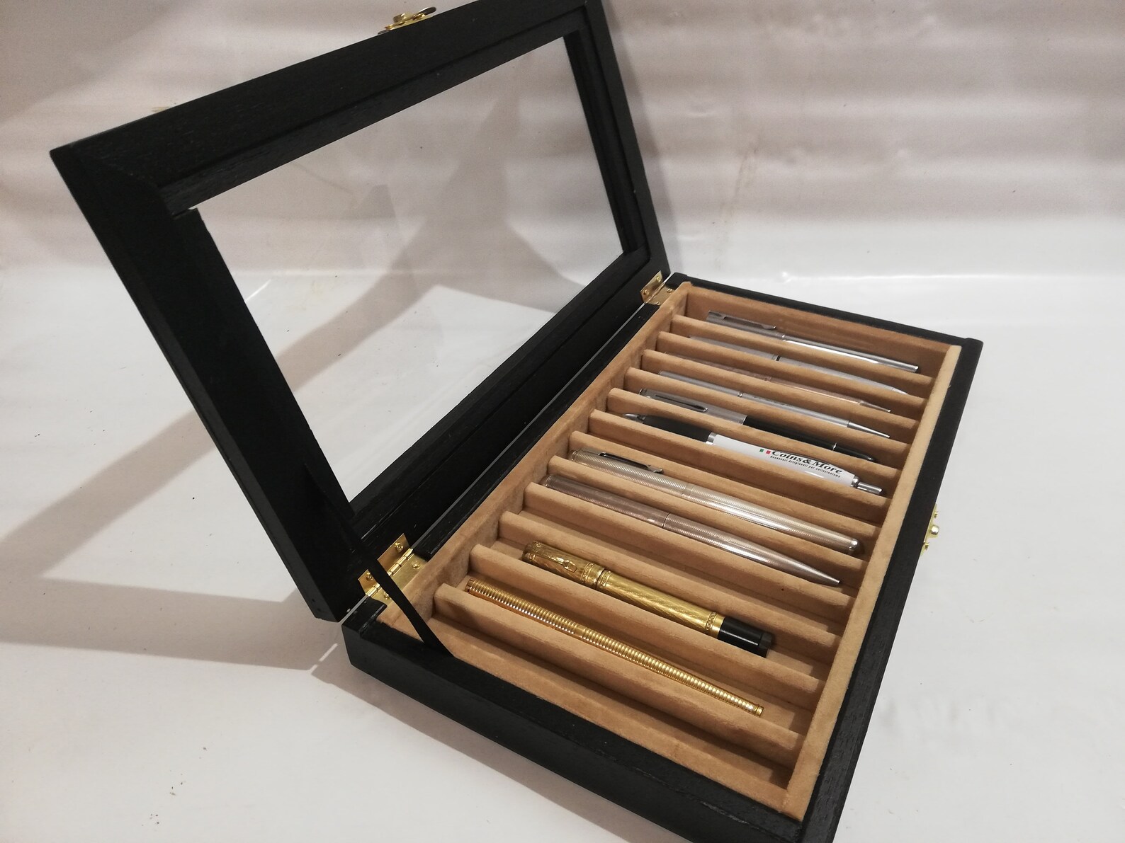 Pen Holder Box, Wood and Velvet Case Display for 13 Fountain Pens ...