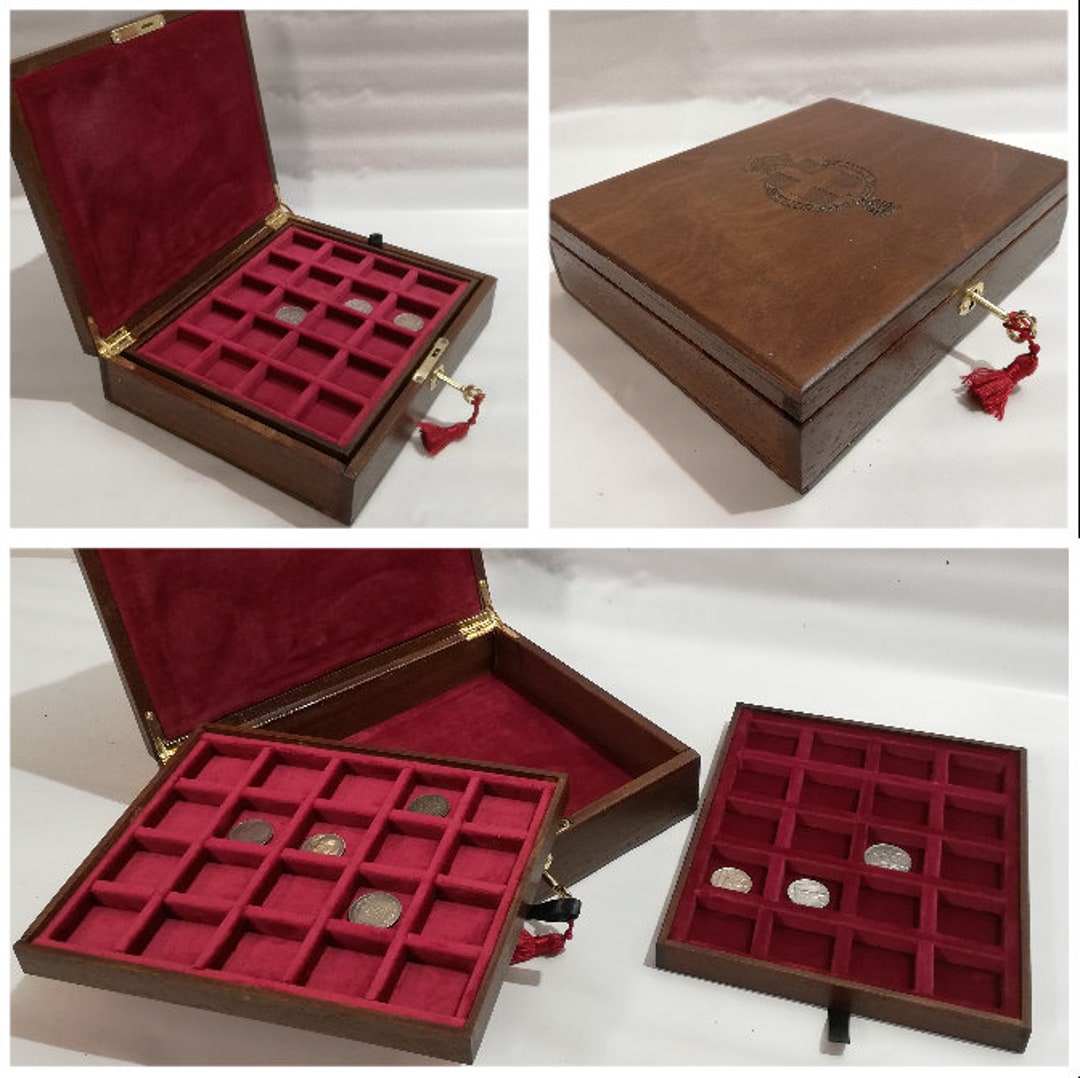 Wooden Box for Coins Medals Kingdom of Italy 2 Trays in Italian Velvet ...