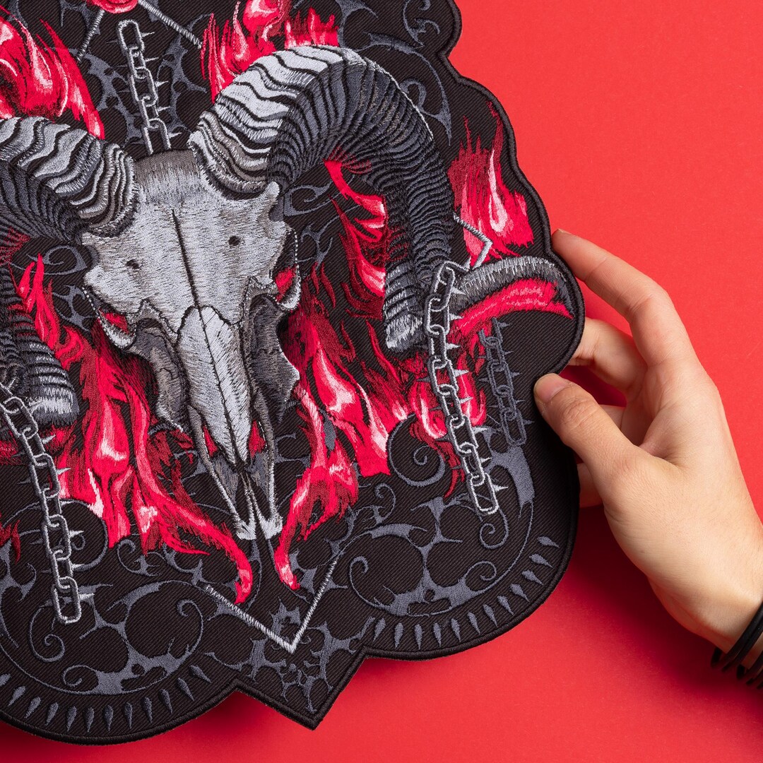Embroidered Patch, Iron-on Back Patch, Baphomet Battle Jacket Patch, Goat Skull and Fire, Occult ...