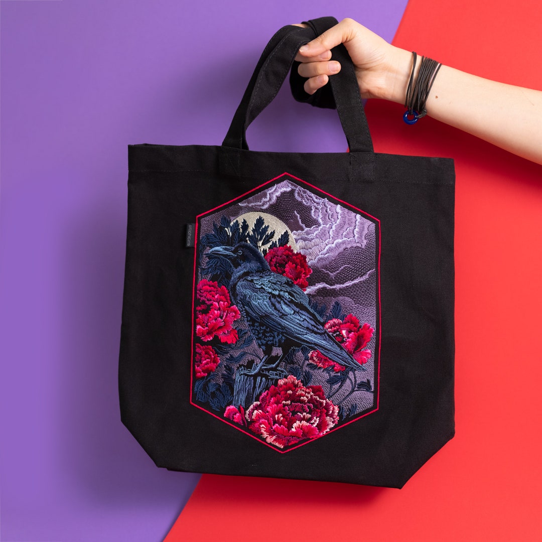 Embroidered Tote Bag, Big Tote Bag, Crow Tote Bag, Moon Tote Bag, Daily ...