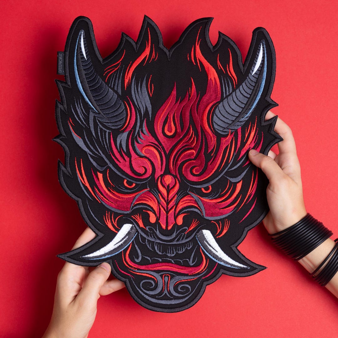 Oni Patch: Japanese Demon Mask Embroidered Back Patch for Custom Vest ...