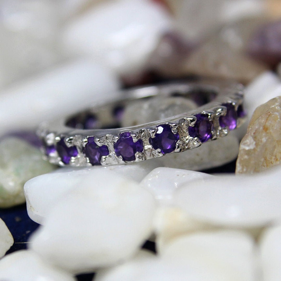 Amethyst Ring Round Cut Natural Amethyst Eternity Ring Sterling Silver ...