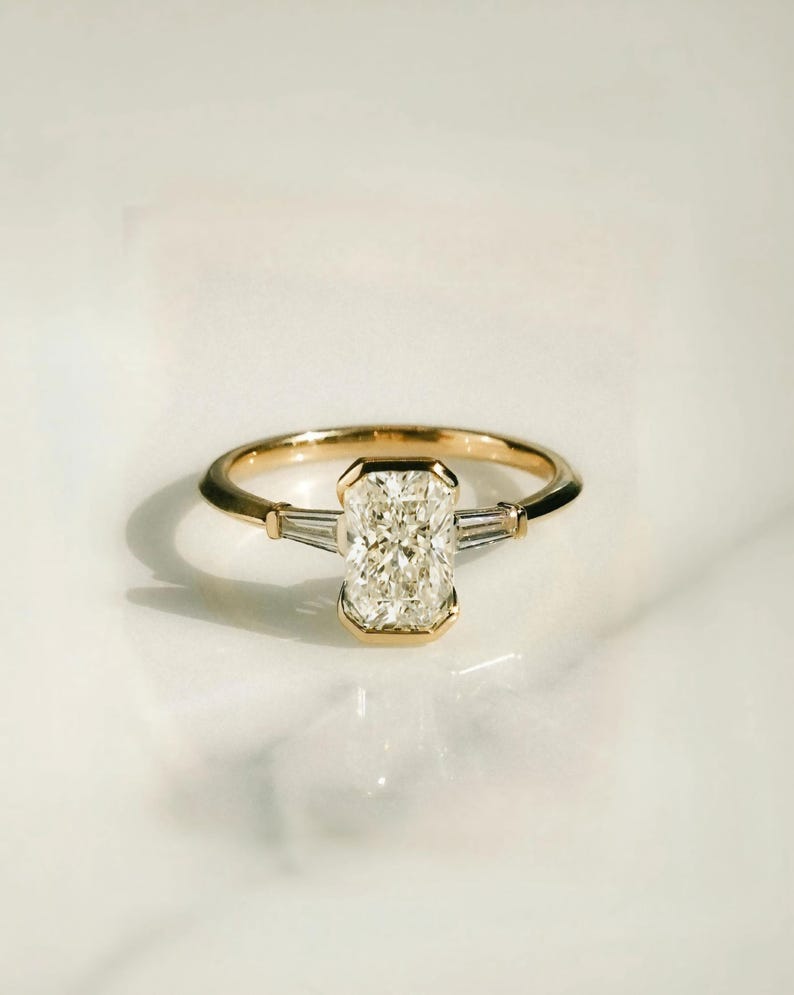 Radiant Cut Moissanite Engagement Ring: Baguette Side Stones, Sterling ...
