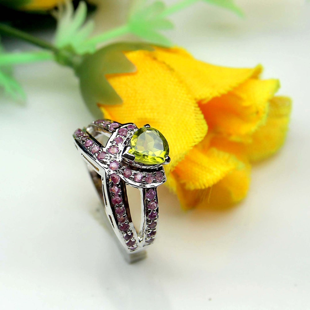 Natural Peridot & Ruby Ring in Sterling Silver and Solid - Etsy