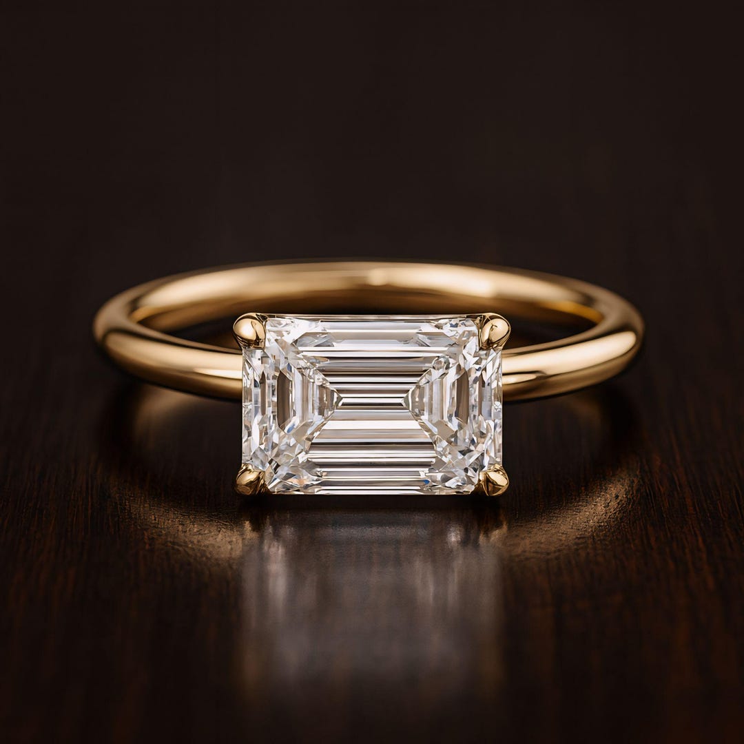 East West Set Moissanite Ring Emerald Cut Solitaire Solid Gold ...
