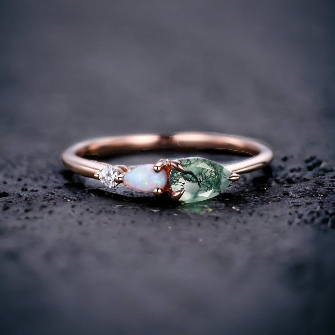 Moss Agate Opal Ring Engagement Ring Pear Cut Gems Art Deco Moissanite ...