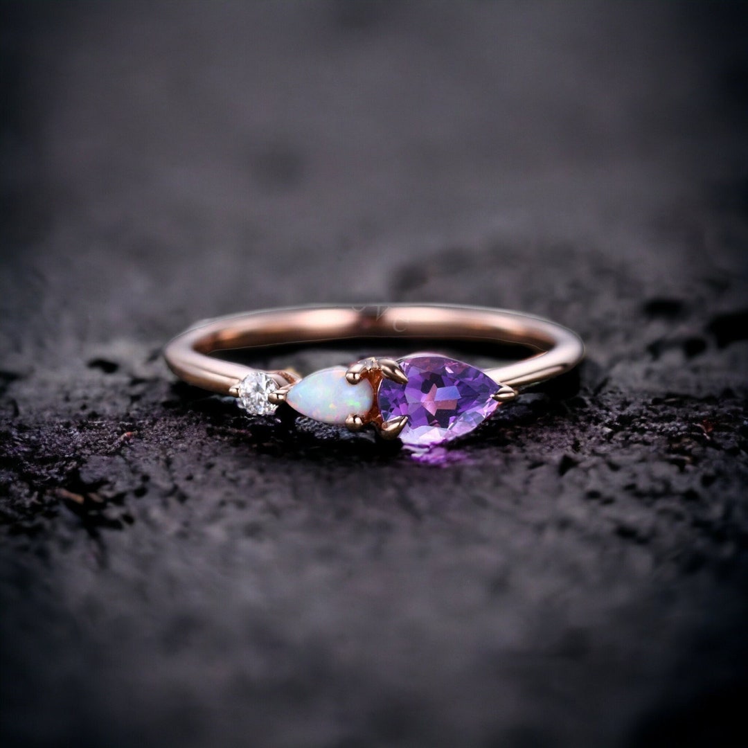 Vintage Amethyst Opal Engagement Ring Pear Cut Gems Art Deco Moissanite ...
