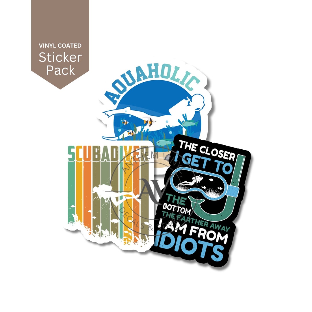 SCUBA Diving Laminated Die Cut Sticker Pack Set of 3 Glossy Finish ...