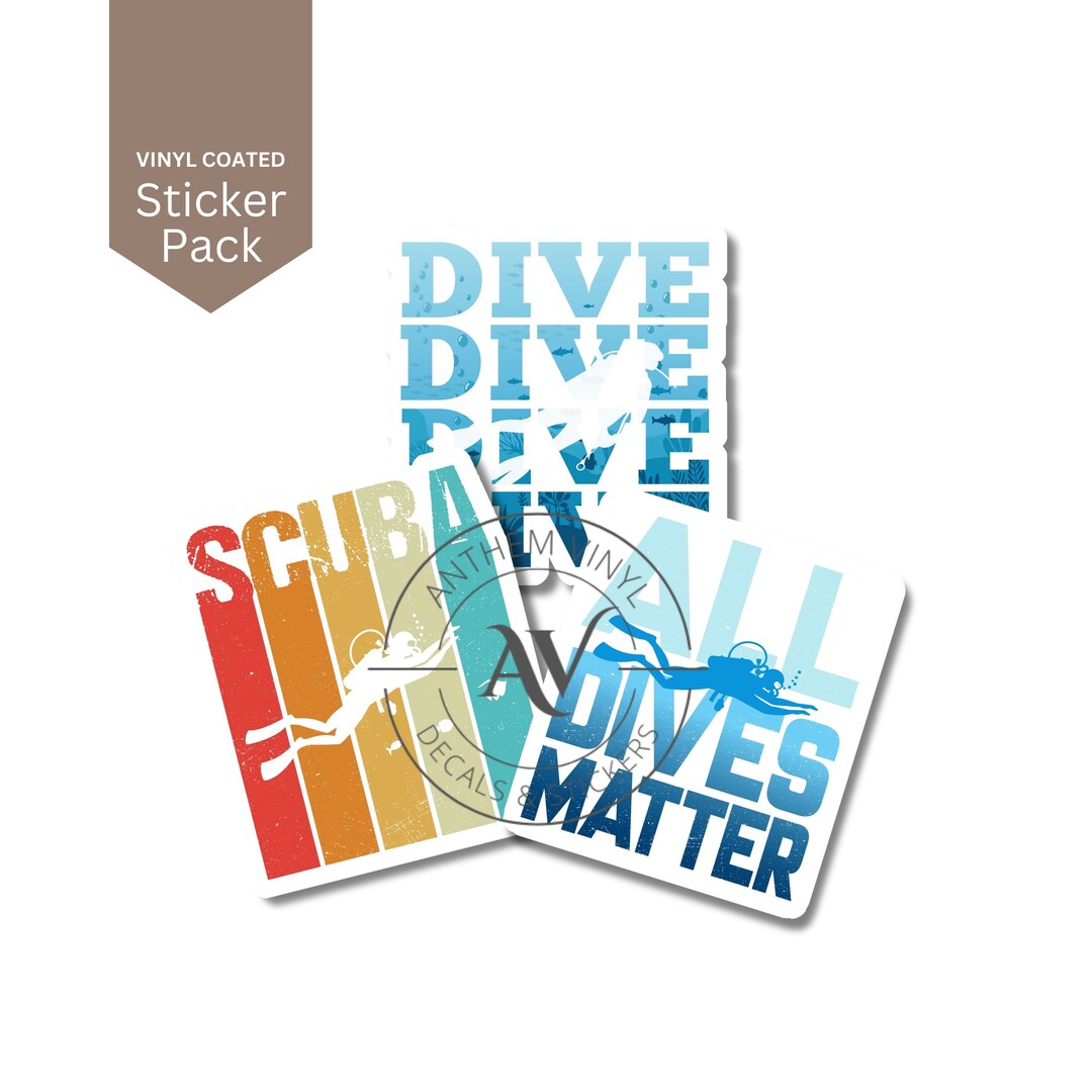 SCUBA Diving Laminated Die Cut Sticker Pack Set of 3 Glossy Finish ...