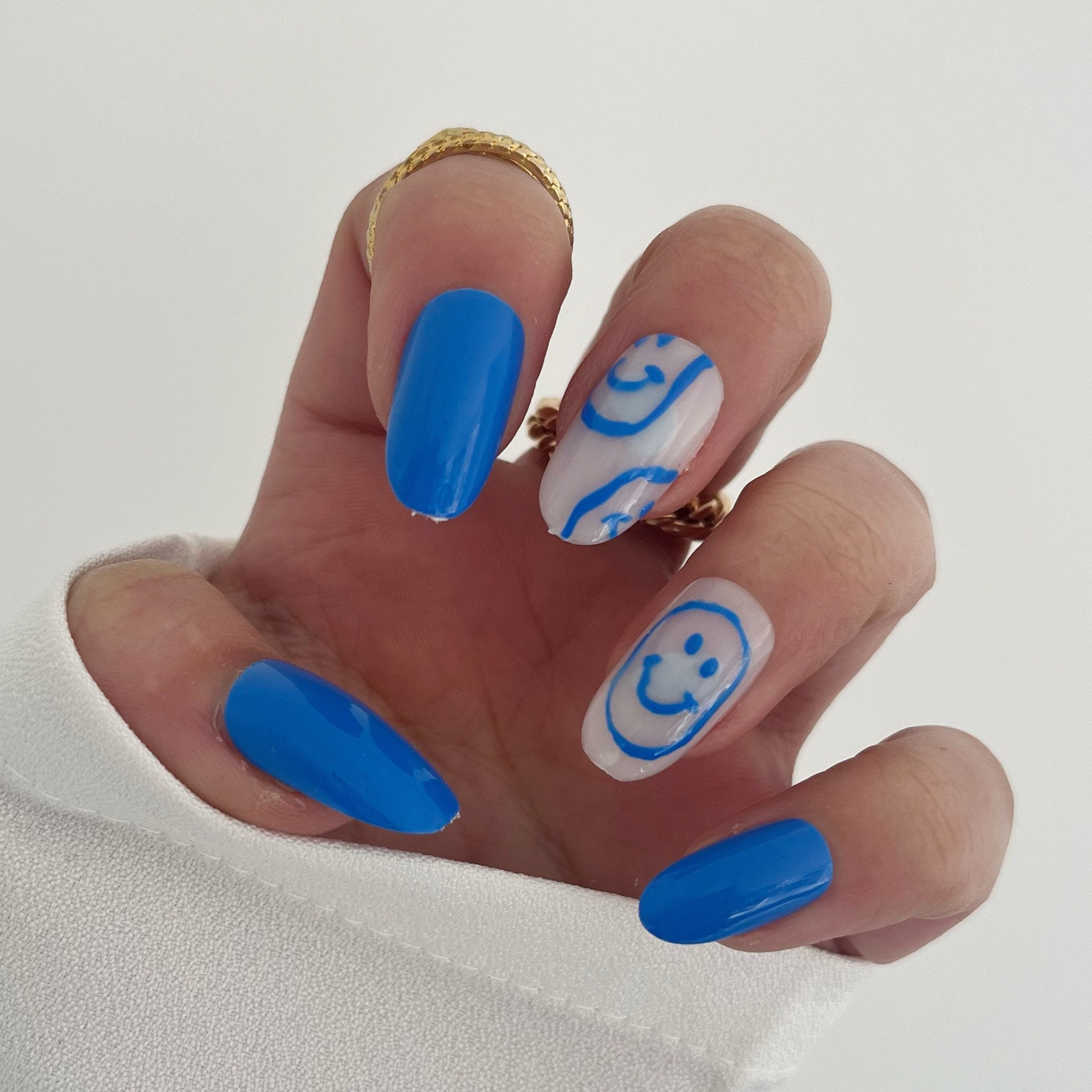Blue Wavy Smiley Face Set of Nails Stick on Glue on Fake False - Etsy