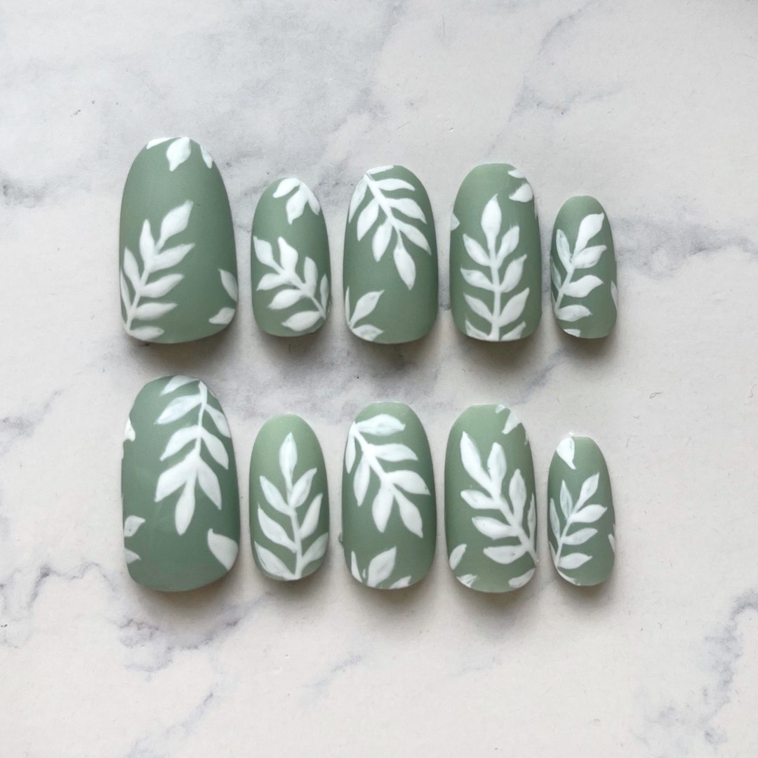 Sage Green Nail Set With White Leaf Print Stick on Nails Press on Nails ...