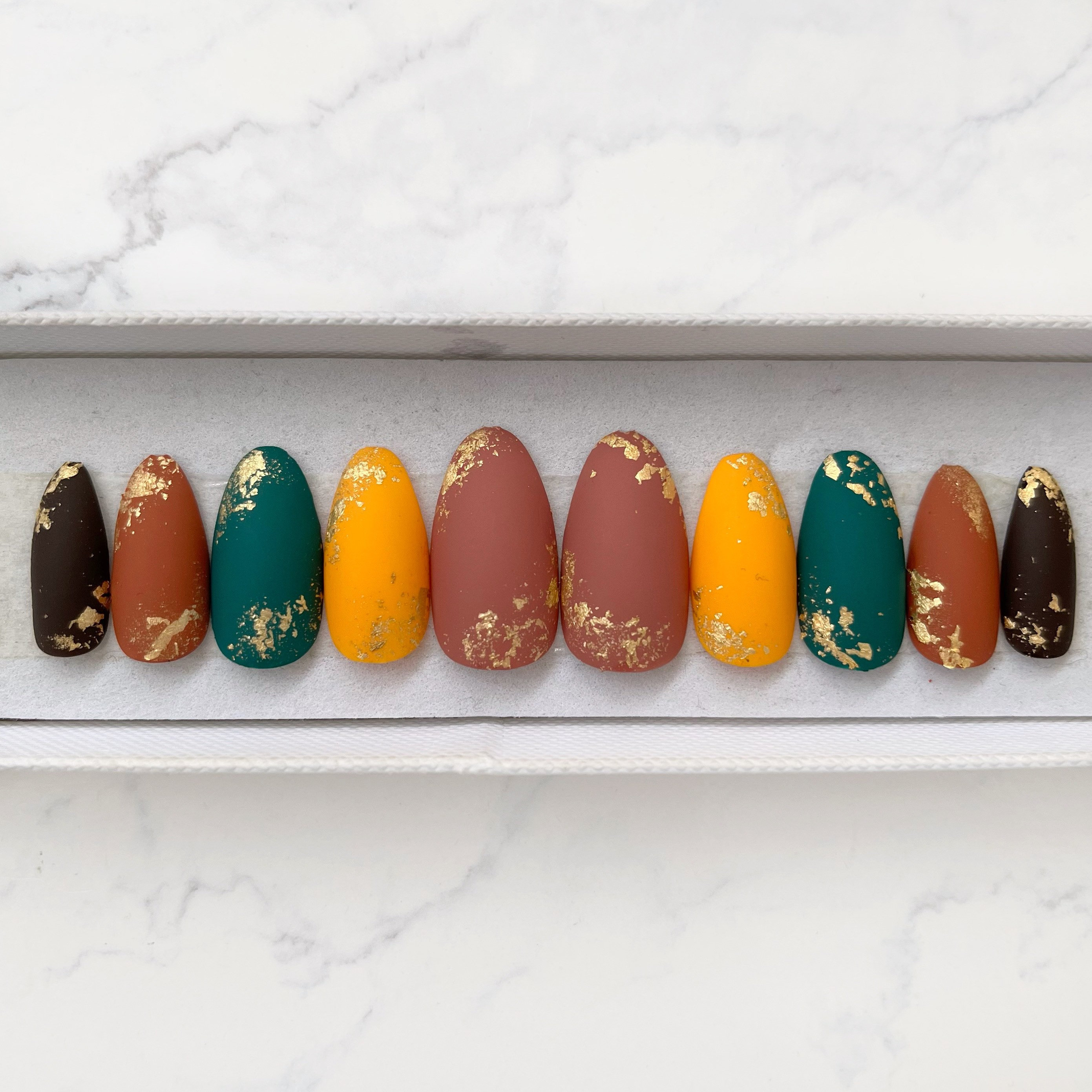 Matte Multicoloured Autumnal Colours Set of Nails With Gold - Etsy