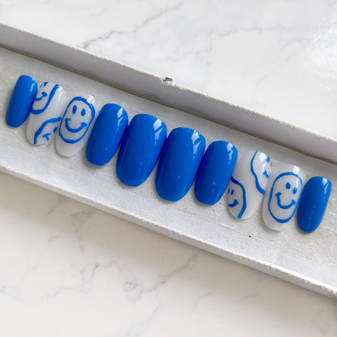 Blue Wavy Smiley Face Set of Nails Stick on Glue on Fake False Nails ...