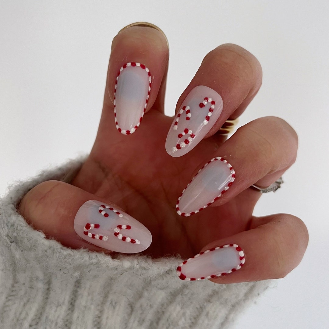 Candy Cane Christmas Set of Nails Red and White Stick on Nails Fake ...