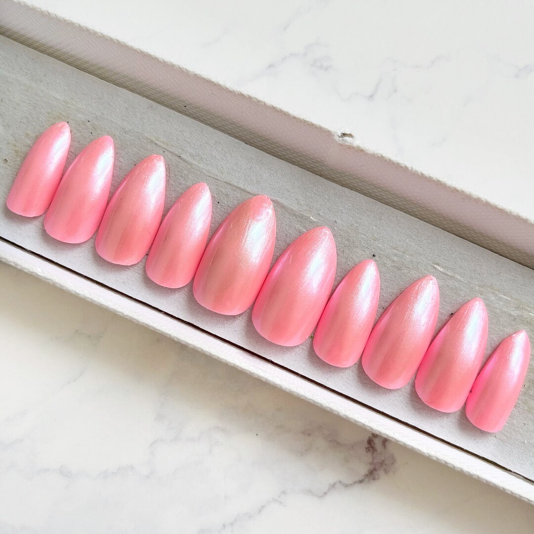 Shimmery Light Pink Set of Nails Stick on Nails Acrylic Nails Press on ...