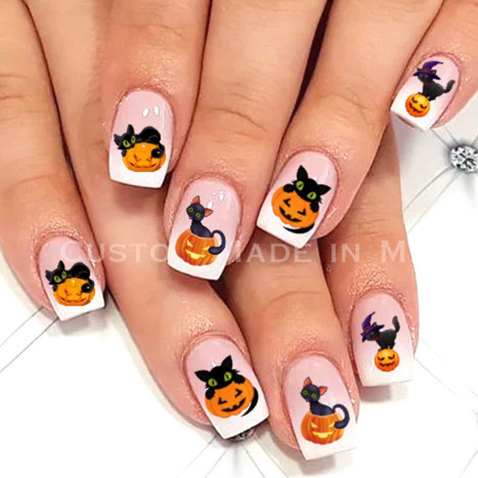 Cat on a Pumpkin Halloween Nail Art Halloween Nail Decals | Etsy