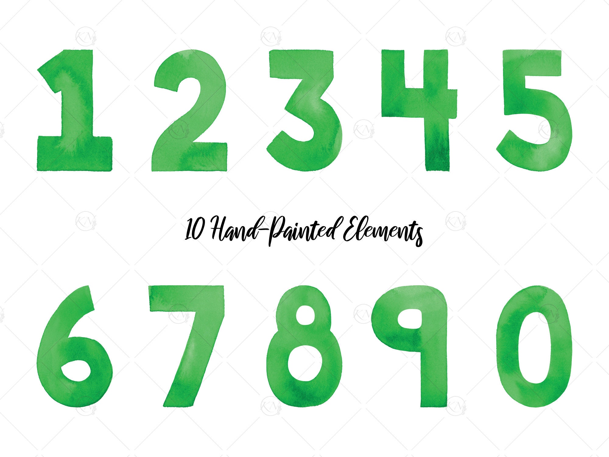 Green Watercolor Numbers Clipart – Hand-painted Graphics (PNG Instant ...