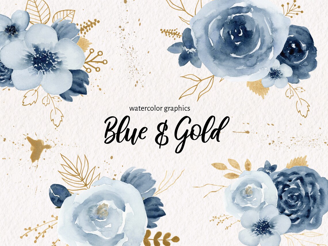Blue & Gold Watercolor Flowers Clipart - PNG Instant Download ...