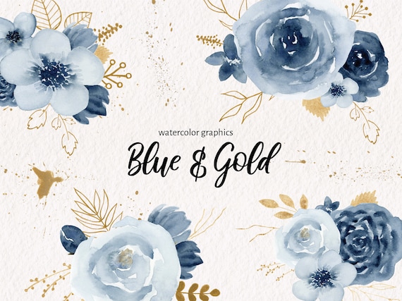 Blue & Gold Watercolor Flowers Clipart PNG Instant Download - Etsy México