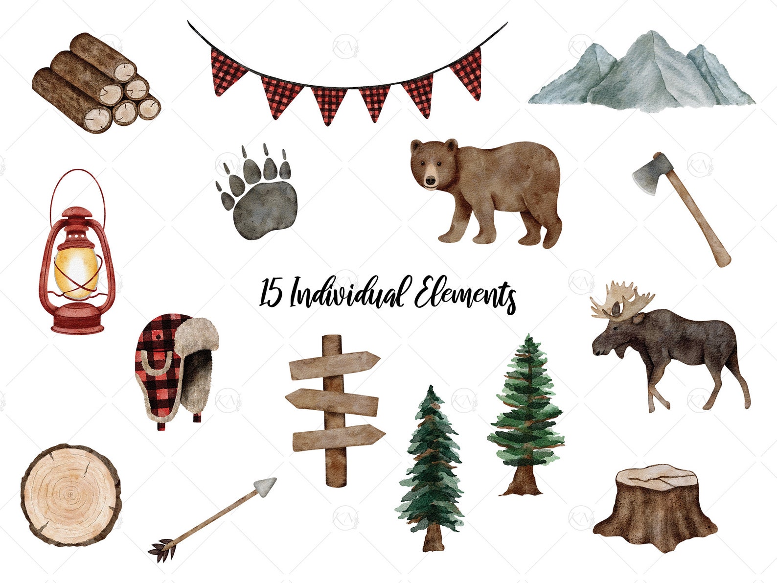 Lumberjack Watercolor Clipart – Buffalo Plaid, Bear, Moose (PNG Instant ...