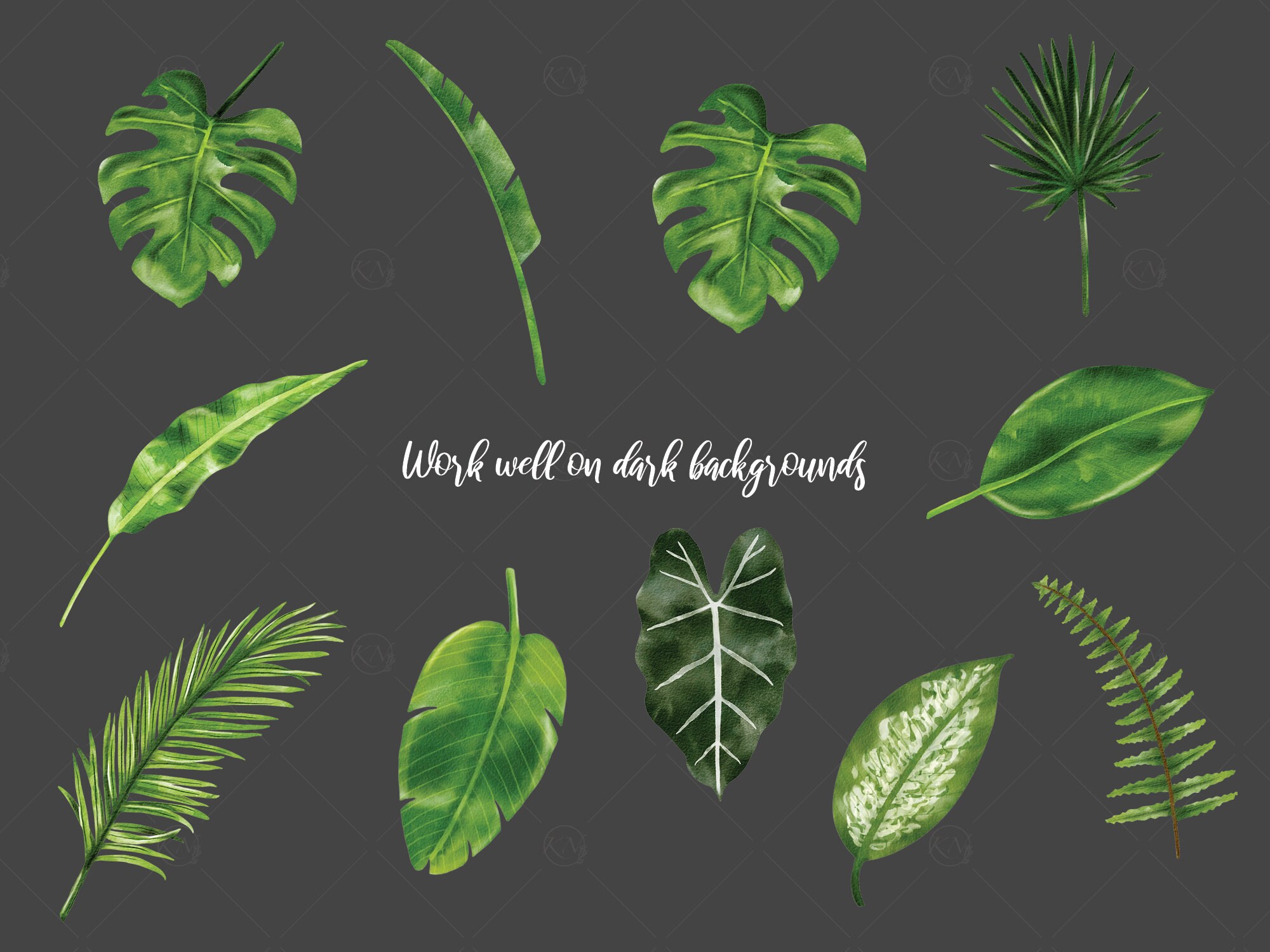 Tropical Leaves Watercolor Clipart - PNG Instant Download - Greenery ...
