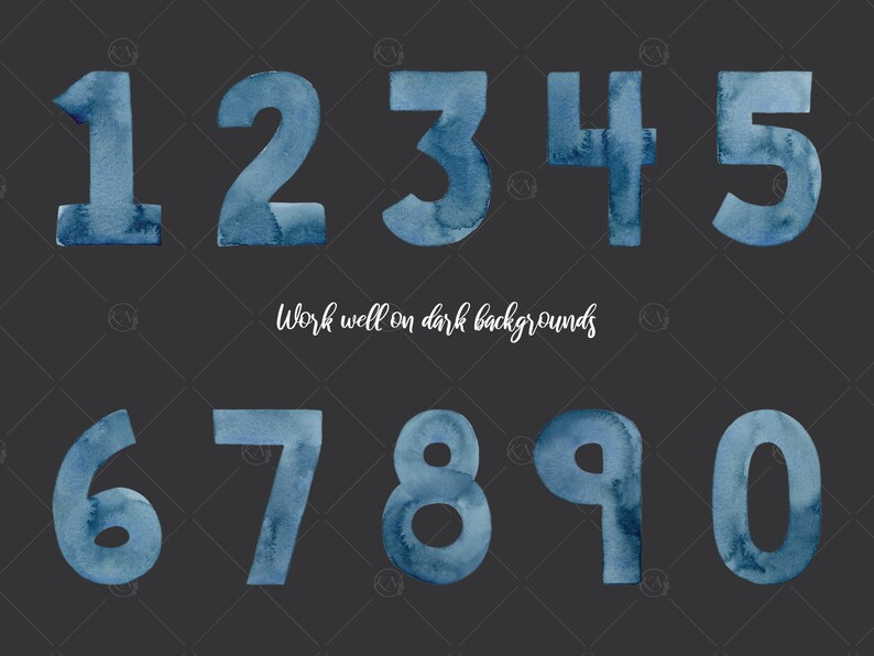 Indigo Watercolor Numbers Clipart - Hand-painted Graphics (PNG Digital ...