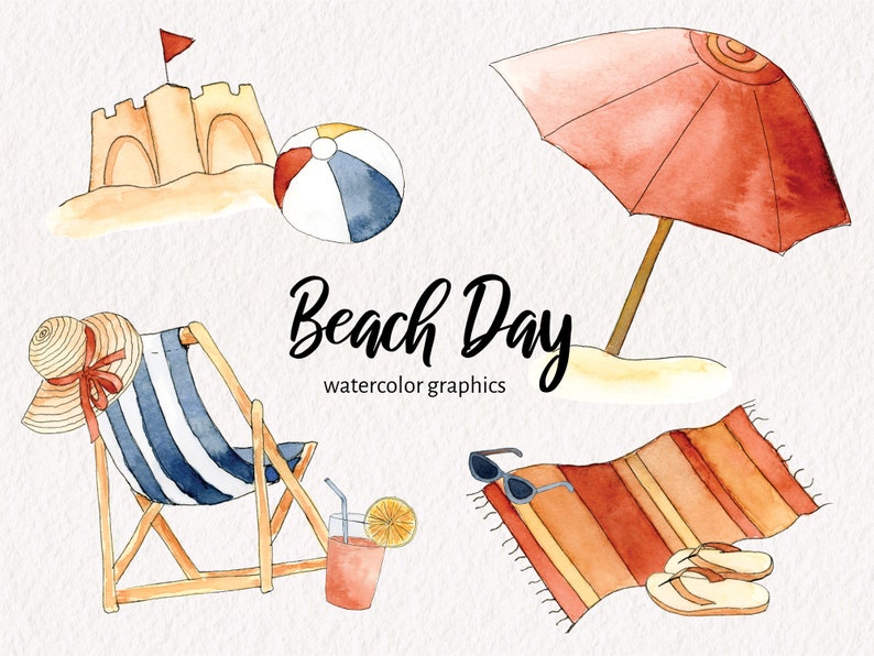 Watercolor Beach Day Clipart - PNG Instant Download - Summer - Vacation ...
