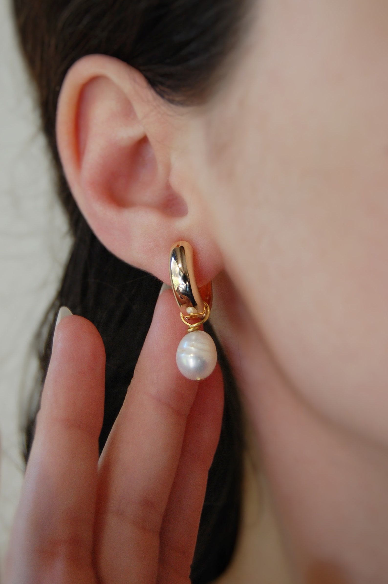 Clip on Huggie Hoop Earrings, Pearl Hoop Earrings, Pearl Drop Hoops ...