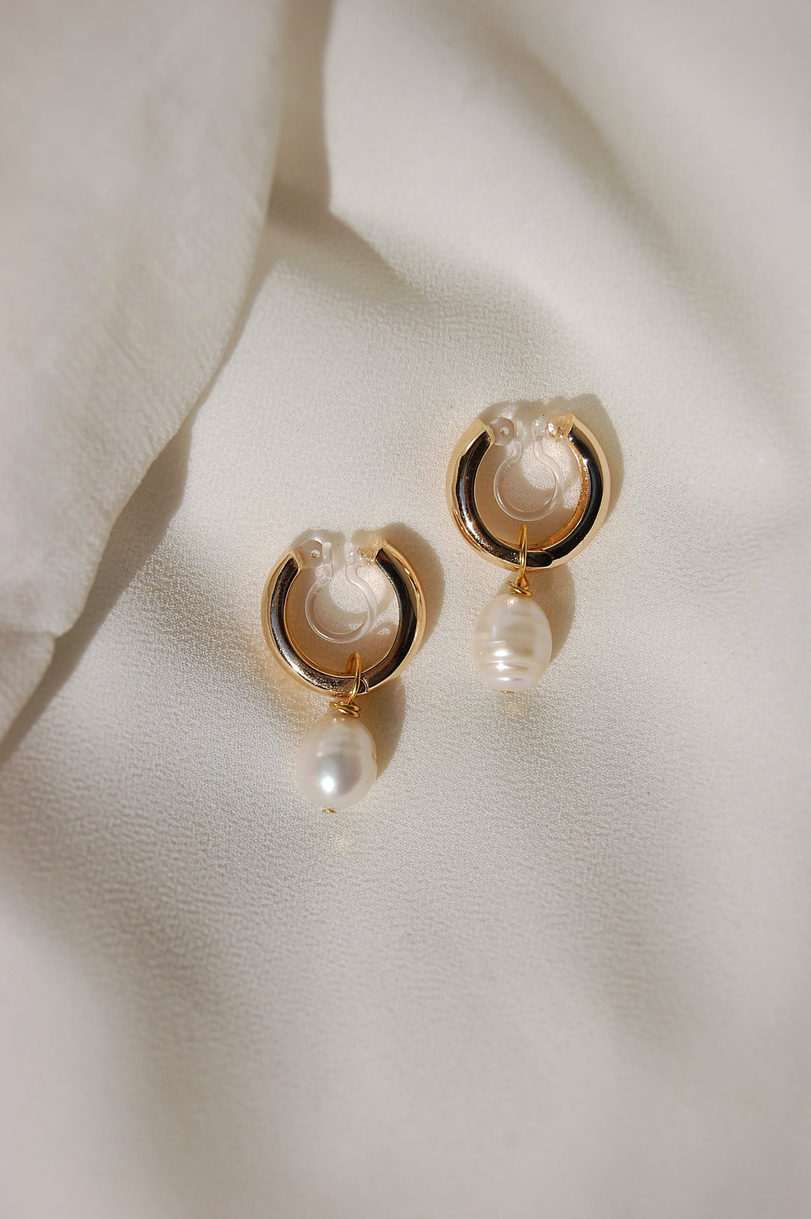 Clip on Huggie Hoop Earrings, Pearl Hoop Earrings, Pearl Drop Hoops ...