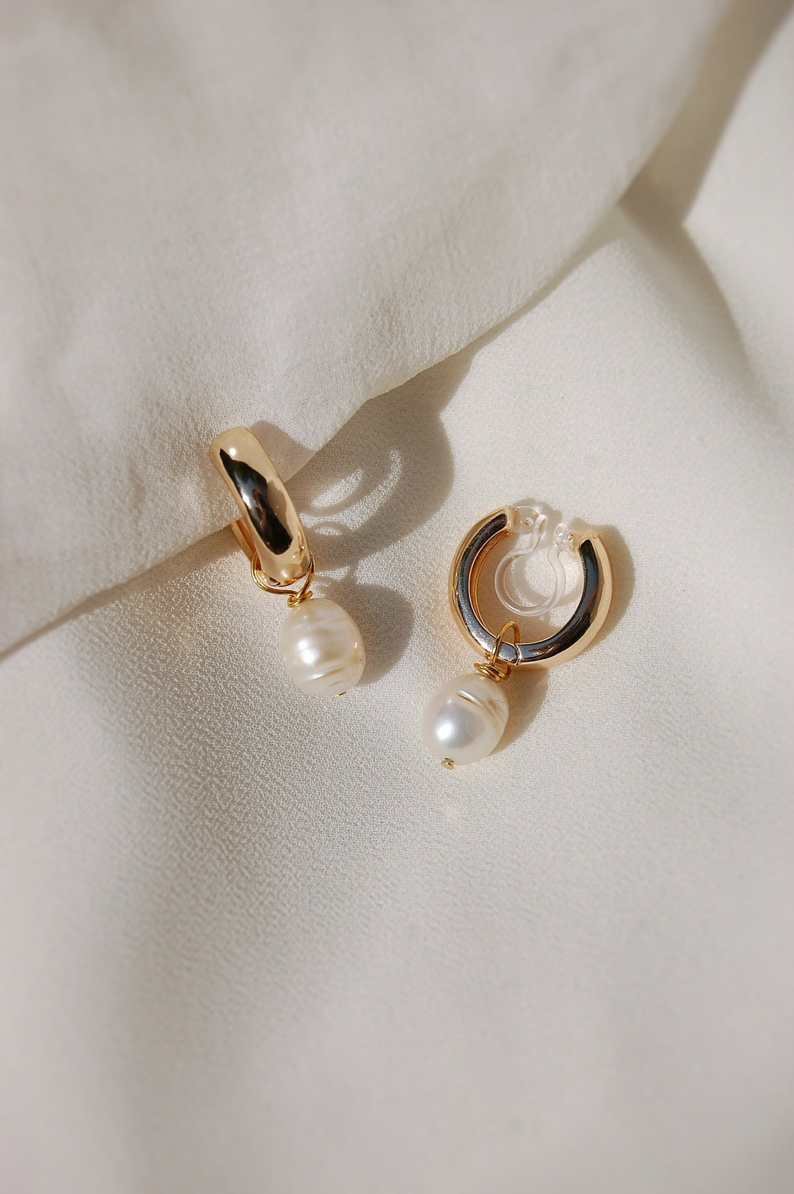 Clip on Huggie Hoop Earrings, Pearl Hoop Earrings, Pearl Drop Hoops ...